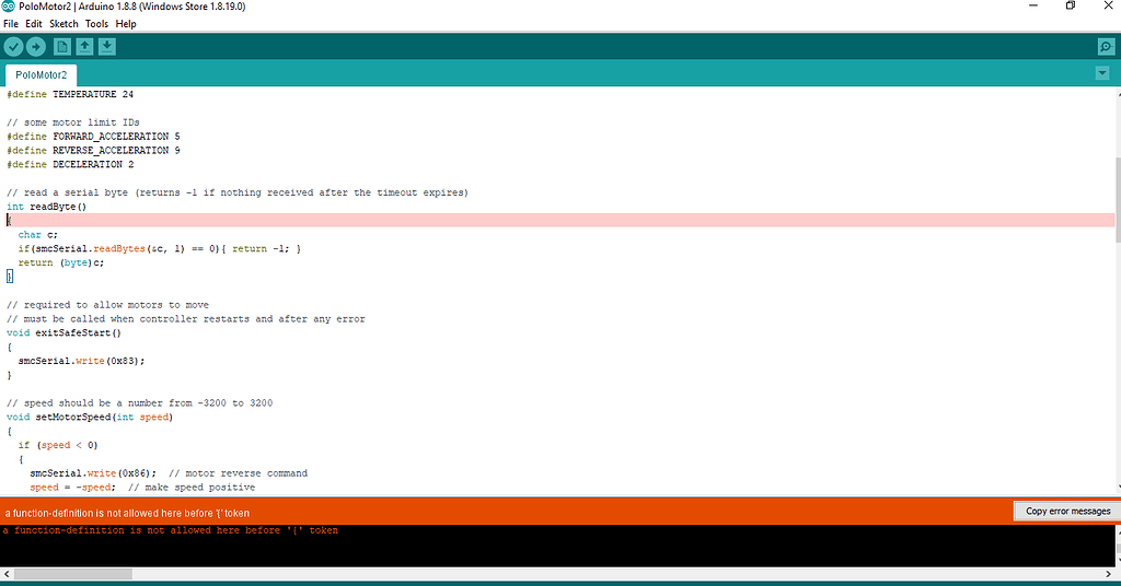 Newbie: Ardunio & Motor controller a function-definition is not allowed ...